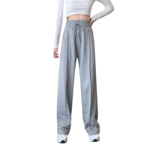 yoga work pants for women women casual high waist strappy drawstring matching straight pant a-grey