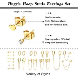 BESTEEL 27PCS 14K Gold Plated Huggie Hoop Stud Earrings Set for Women,Fashion Hypoallergenic Small Dainty Dangle Chain Earrings for Multiple Piercing, Stainless Steel, Cubic Zirconia