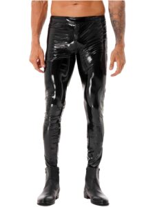 tssoe men shiny wetlook patent leather skinny pants tight zipper crotch clubwear motor biker leggings black small