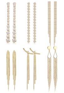 thunaraz 6pairs long earrings for women dangling drop hypoallergenic rhinestone crystal simple sleek statement earrings in gold or silver tone- safe for sensitive ear