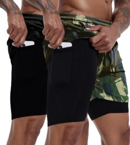 gymelite men's 2 in 1 workout running shorts 7" gym yoga active sports shorts lightweight training with phone pockets(bkcgn m)