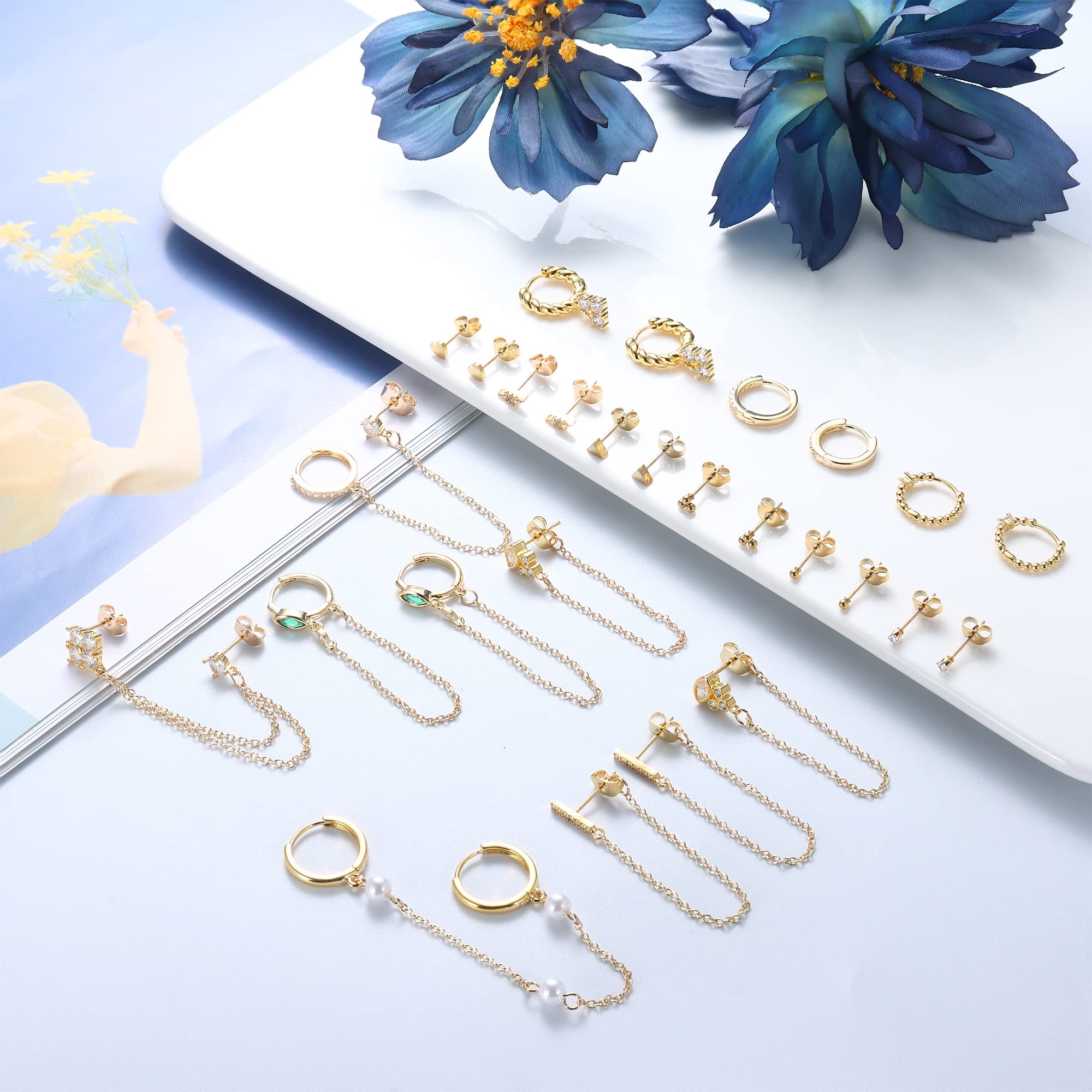 BESTEEL 27PCS 14K Gold Plated Huggie Hoop Stud Earrings Set for Women,Fashion Hypoallergenic Small Dainty Dangle Chain Earrings for Multiple Piercing, Stainless Steel, Cubic Zirconia