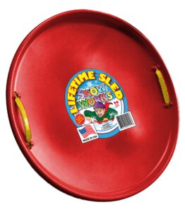 lifetime saucer snow sled, heavy-duty plastic, cold weather downhill outdoor winter snow sled disc with handles (red).