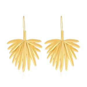 palm leaf earrings for women, cute coconut tree leaf earrings for womens, tropical palm tree leaf dangle earrings hypoallergenic, gold leaf statement drop earrings, zinc, no gemstone