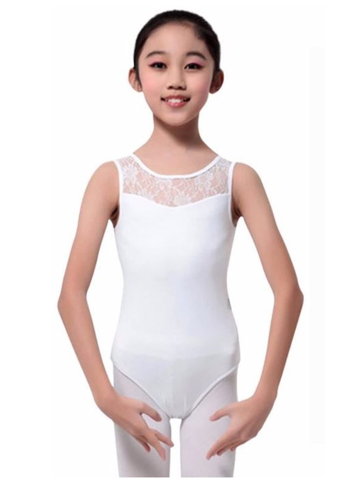 Aslana Lace Tank Leotard, Short & Long Sleeve Leotard for Girls kids Ballet Dance Gymnastics Costume (Medium, White)