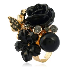 cz rose flower wedding ring for women statement engagement round rhinstone crystal aryclic daisy plumeria adjustable open wrap finger rings comfort fit cocktail party valentine jewelry (black)