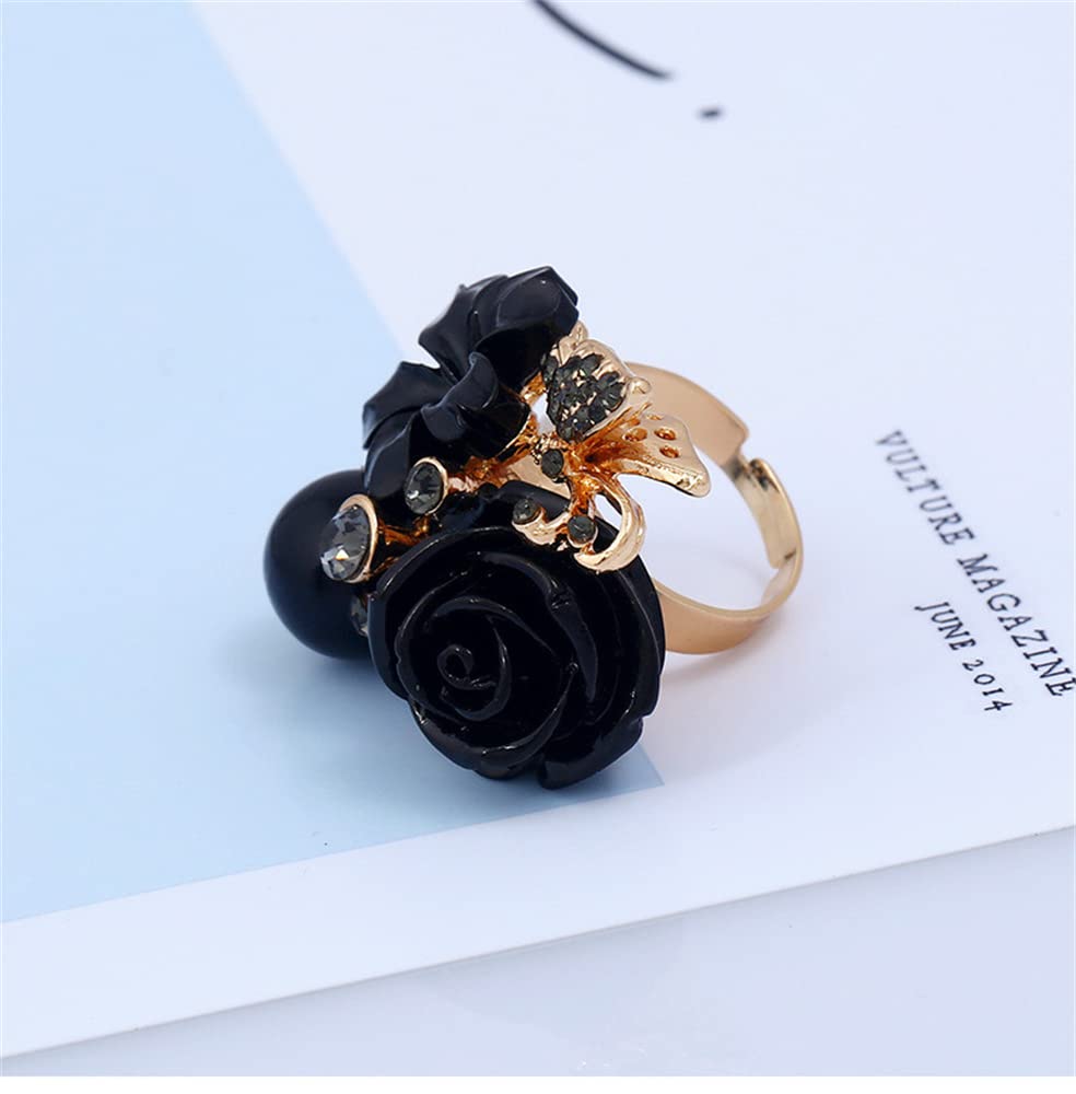 CZ Rose Flower Wedding Ring for Women Statement Engagement Round Rhinstone Crystal Aryclic Daisy Plumeria Adjustable Open Wrap Finger Rings Comfort Fit Cocktail Party Valentine Jewelry (Black)