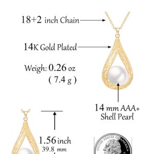 Big Grey Gray Pearl Large Pendant Drop Dangle Simple Prom Formal Necklace for Women Trendy Handmade Hypoallergenic 14K Glod Plated Costume Jewelry (Grey-14K Gold)