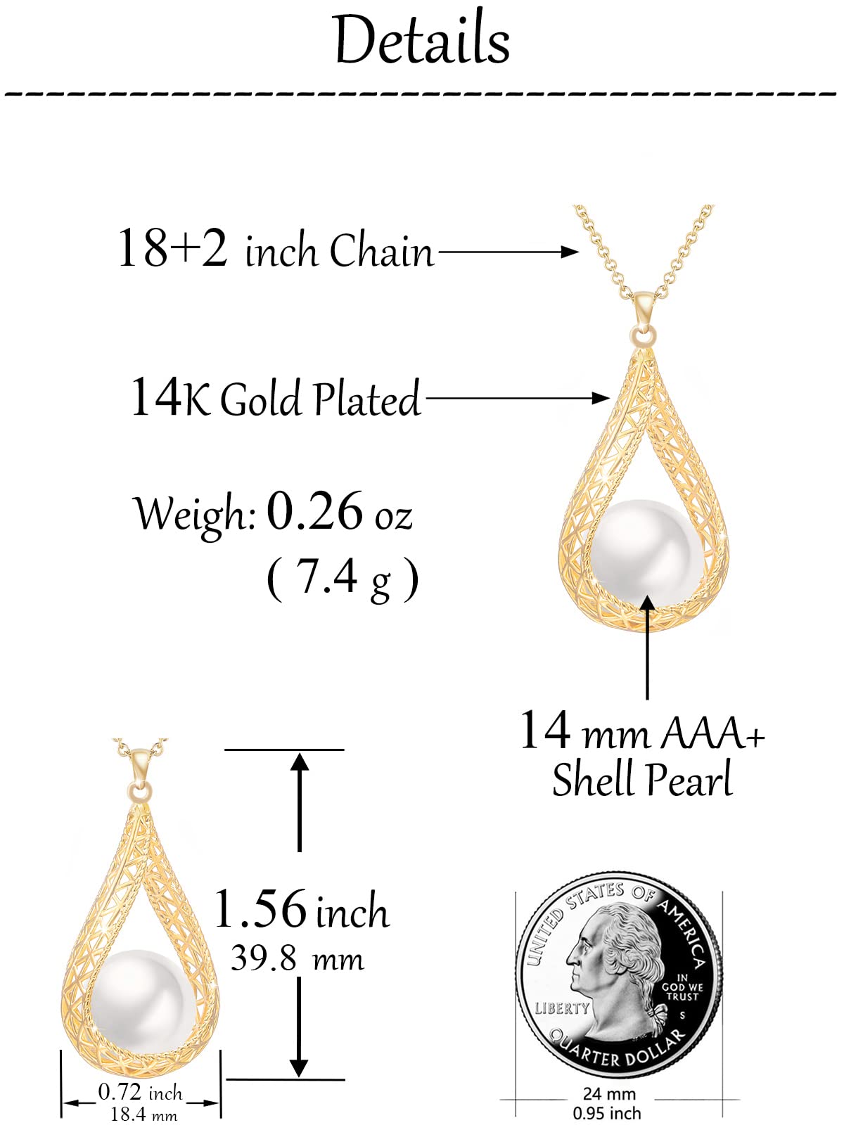 Big Grey Gray Pearl Large Pendant Drop Dangle Simple Prom Formal Necklace for Women Trendy Handmade Hypoallergenic 14K Glod Plated Costume Jewelry (Grey-14K Gold)