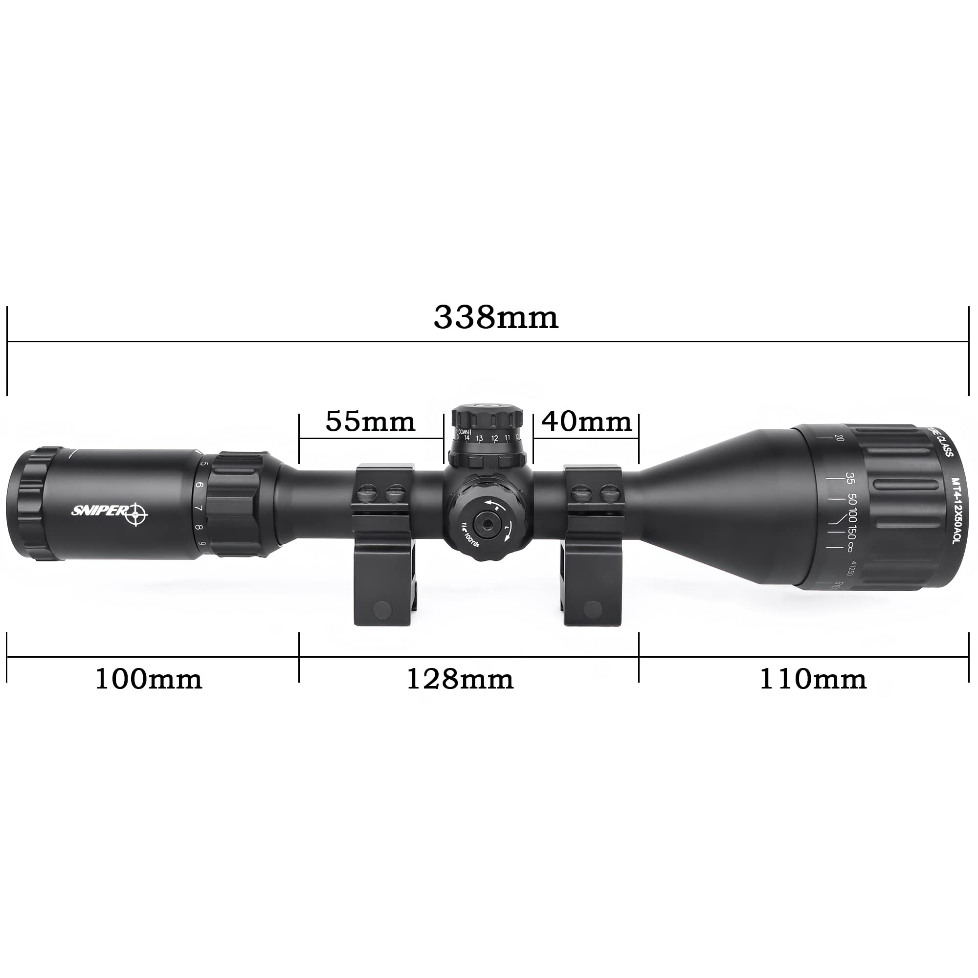 AOL Hunting Rifle Scope/Red, Green Illuminated Mil Dot Reticle/Fully Multi-Coated Lens/Wind and Elevation Adjust/Front AO Adjust for fine Tuning/3" Sunshade (MT4-12x50)