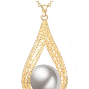 Big Grey Gray Pearl Large Pendant Drop Dangle Simple Prom Formal Necklace for Women Trendy Handmade Hypoallergenic 14K Glod Plated Costume Jewelry (Grey-14K Gold)