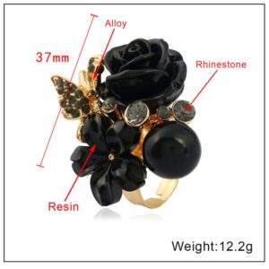 CZ Rose Flower Wedding Ring for Women Statement Engagement Round Rhinstone Crystal Aryclic Daisy Plumeria Adjustable Open Wrap Finger Rings Comfort Fit Cocktail Party Valentine Jewelry (Black)