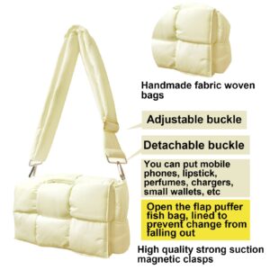 Women's shoulder bag puffer cassette purse hand woven down fabric cotton padded handbag (Light Yellow)