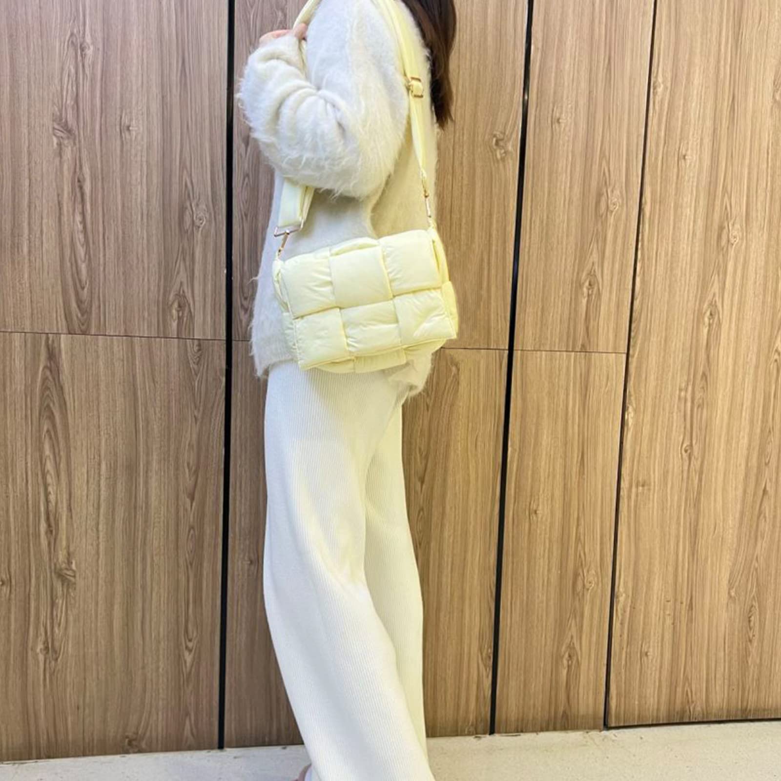 Women's shoulder bag puffer cassette purse hand woven down fabric cotton padded handbag (Light Yellow)