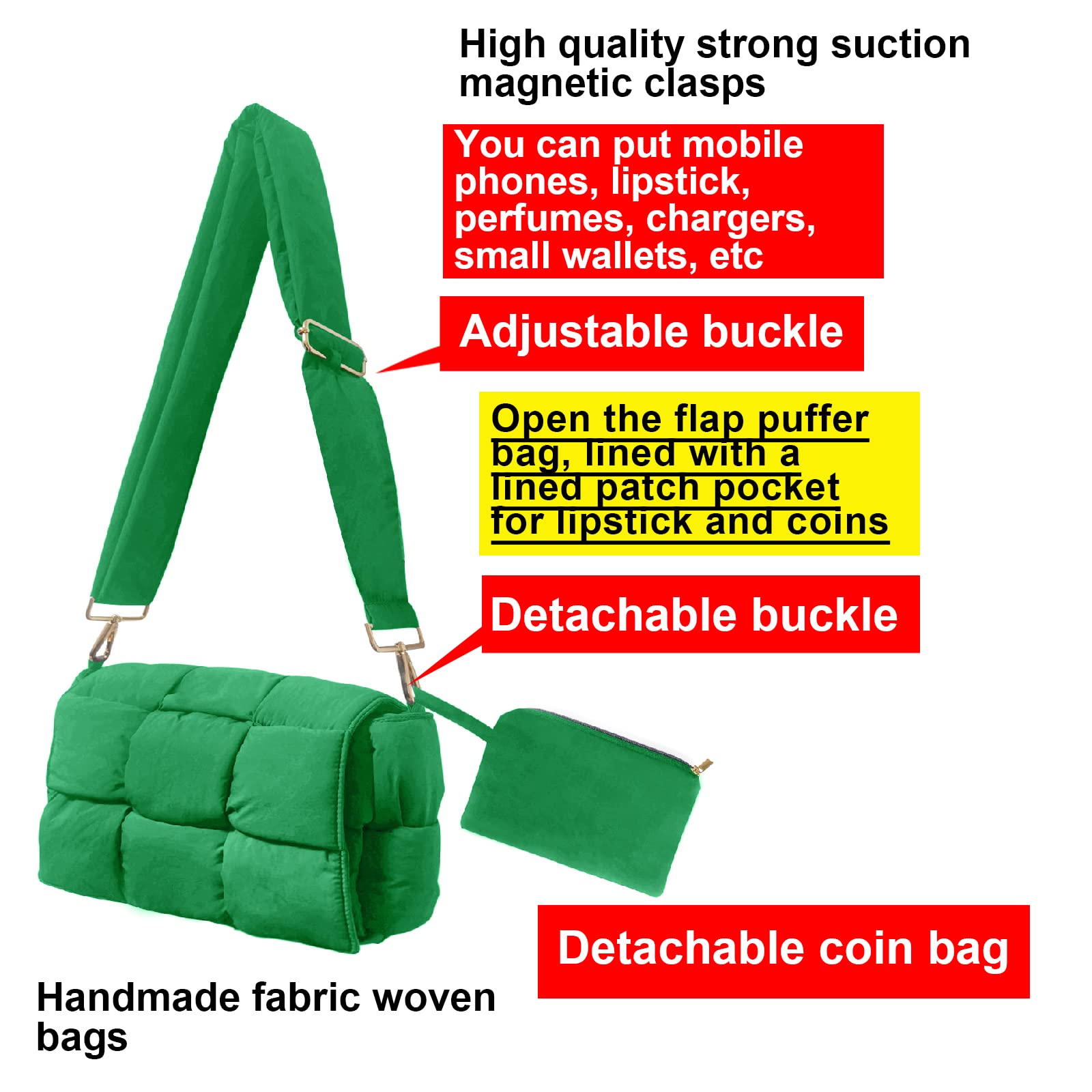 NAARIIAN puffer woven shoulder bag padded cassette handbag with coins organizer nylon light weight women crossbody purse(Green)