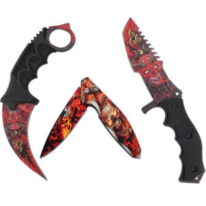 snake eye tactical triple set fixed blade mini huntsman folding knife outdoors hunting camping fishing self defense (red-demon)