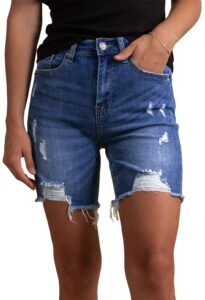 huusa washed short jean pants for women casual spring high waist frayed raw denim bermuda shorts mid thigh destroyed ripped jean shorts with pockets dark blue m