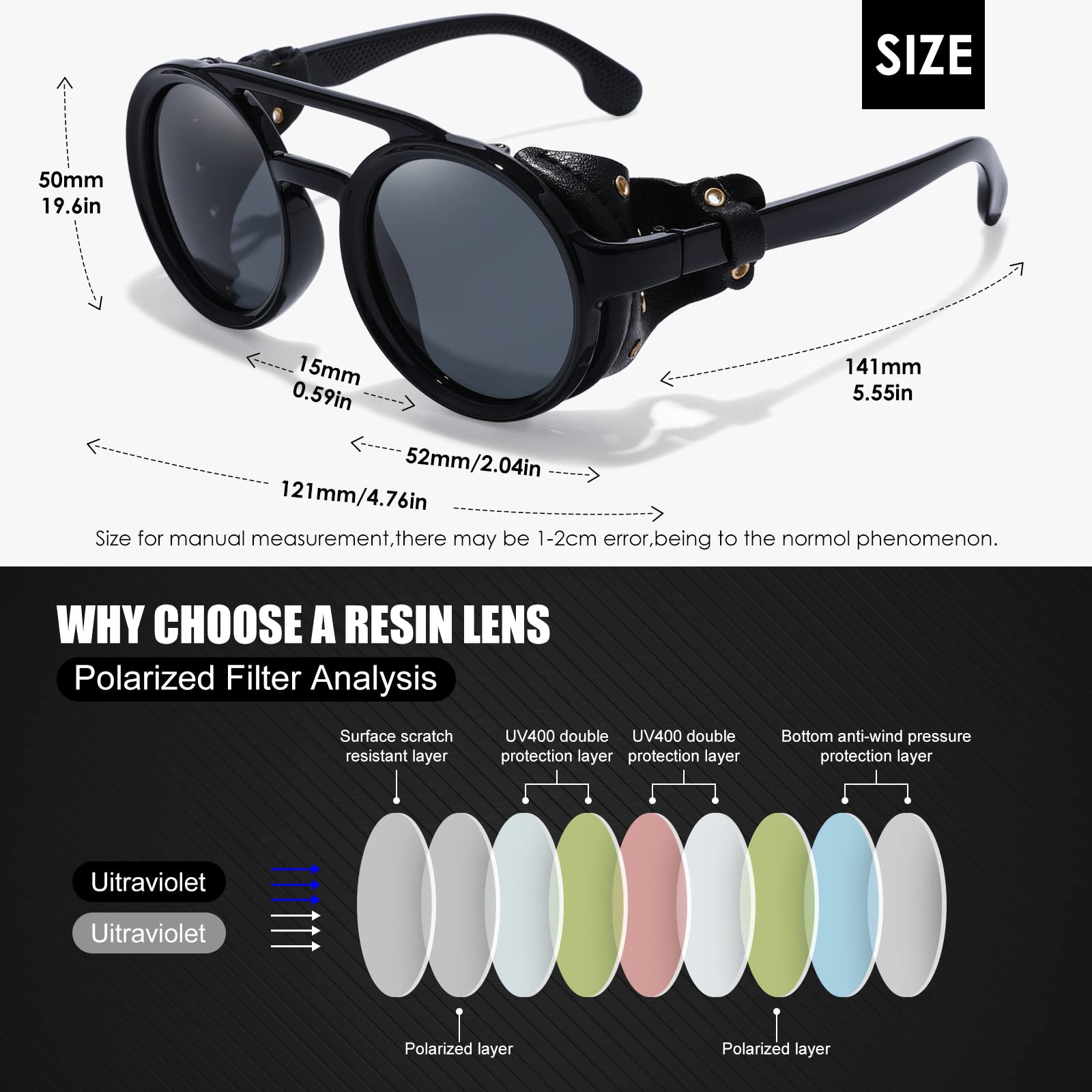 MUDIWRLO Polarized Round Steampunk Sunglasses with Leather Side Double Bridge Shield Retro Eyewear for Men Women(Black)