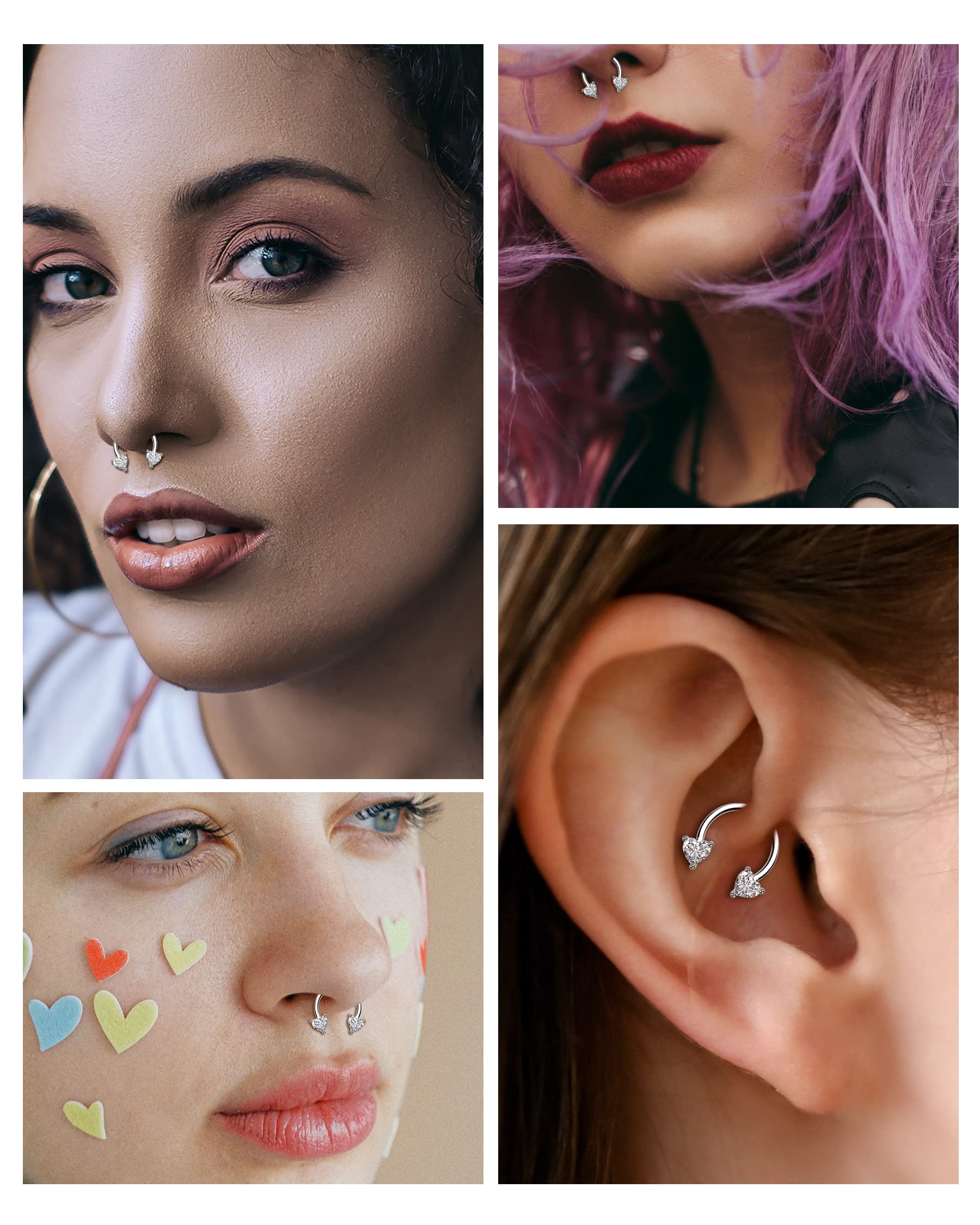 Jewseen Heart Septum Ring 16g Clear CZ Septum Jewelry Daith Piercing Jewelry Cartilage Earring Helix Piercing Jewelry Nose Ring Hoop Earring Conch Tragus Earring for Women Men