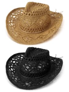 didaey 2 pcs woven straw cowboy hat for women wide brim cowgirl hat western cowboy hat men women straw hat for hiking fishing (black, khaki)