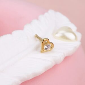 MeIighting 14K Solid Gold Nose Stud 20G Heart Nose Rings Clear Round CZ Nose Piercing Jewelry for Women Men Real Gold