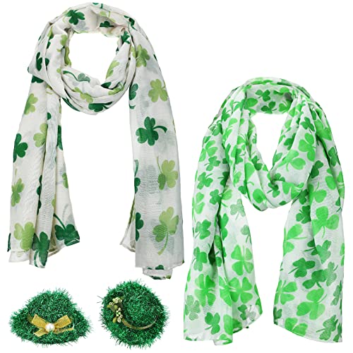 4 Pcs St. Patrick's Day Scarf Set Irish Green Hat Hair Clip Clover Shamrock Scarf for Women Accessories