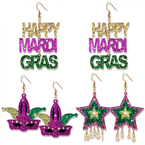 PHALIN Mardi Gras Earrings for Women, Lightweight Mardi Gras Accessory, Acrylic Fleur De Lis Mask Crown Earrings Carnival Mardi Gras Parades Party Earrings, Fat Tuesday Jewelry Gift (Style C)