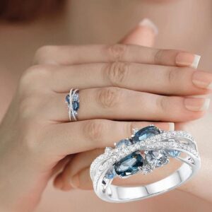 SuanlaTDS Women Fashion Double X Diamond Ring,Women Ring Retro Creative Hollow Sea Blue Zircon Ring Gift