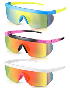 fabbay 3 pair neon retro mirrored sunglasses 80s 90s semi rimless colored lens sunglasses for sport men women (bright colors)