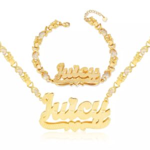 custom name necklace personalized bracelet set gold plated double-layer nameplate necklace customized gift for women