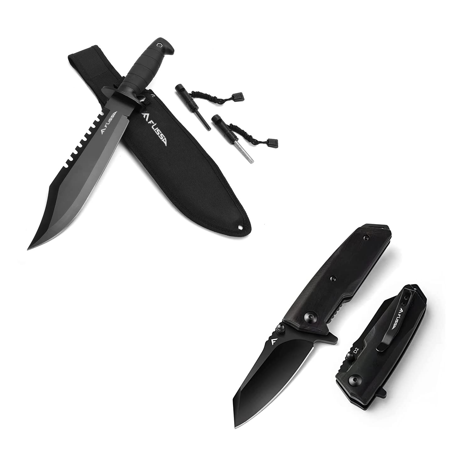 FLISSA Survival Hunting Knife with Sheath Pocket Folding Knife, 2-3/4" D2 Steel Blade