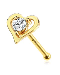 meiighting 14k solid gold nose stud 20g heart nose rings clear round cz nose piercing jewelry for women men real gold