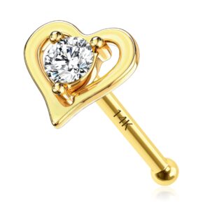 MeIighting 14K Solid Gold Nose Stud 20G Heart Nose Rings Clear Round CZ Nose Piercing Jewelry for Women Men Real Gold