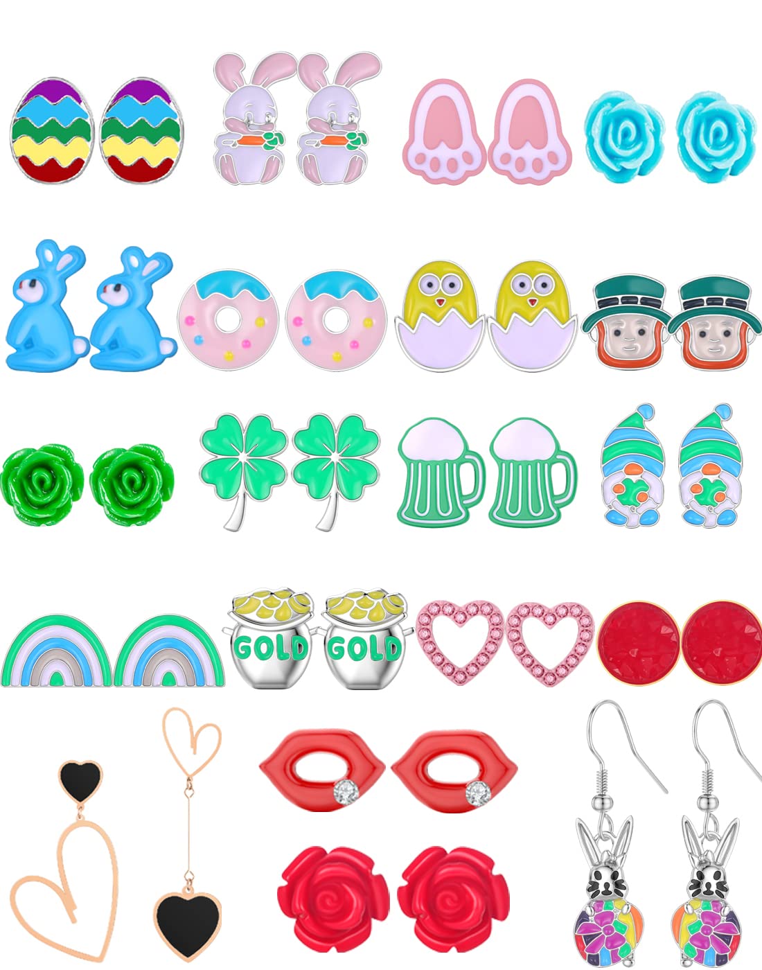 20 Pairs Mothers Day St Patrick's Day Easter Hypoallergenic Drop Stud Earrings Bulk for Girls Women Clover Shamrock Green Hat Easter Eggs Bunny Earrings Dangle Stud Earrings Set for Teen Girls Women Valentine’s Day Gifts, Easter (Valentine’s/St Patrick's/