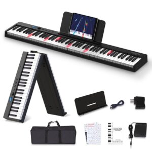 konix folding piano keyboard, 88 keys full size semi-weighted foldable piano, portable electric keyboard piano with light up key, sustain pedal, piano stickers, sheet music stand and piano bag, black