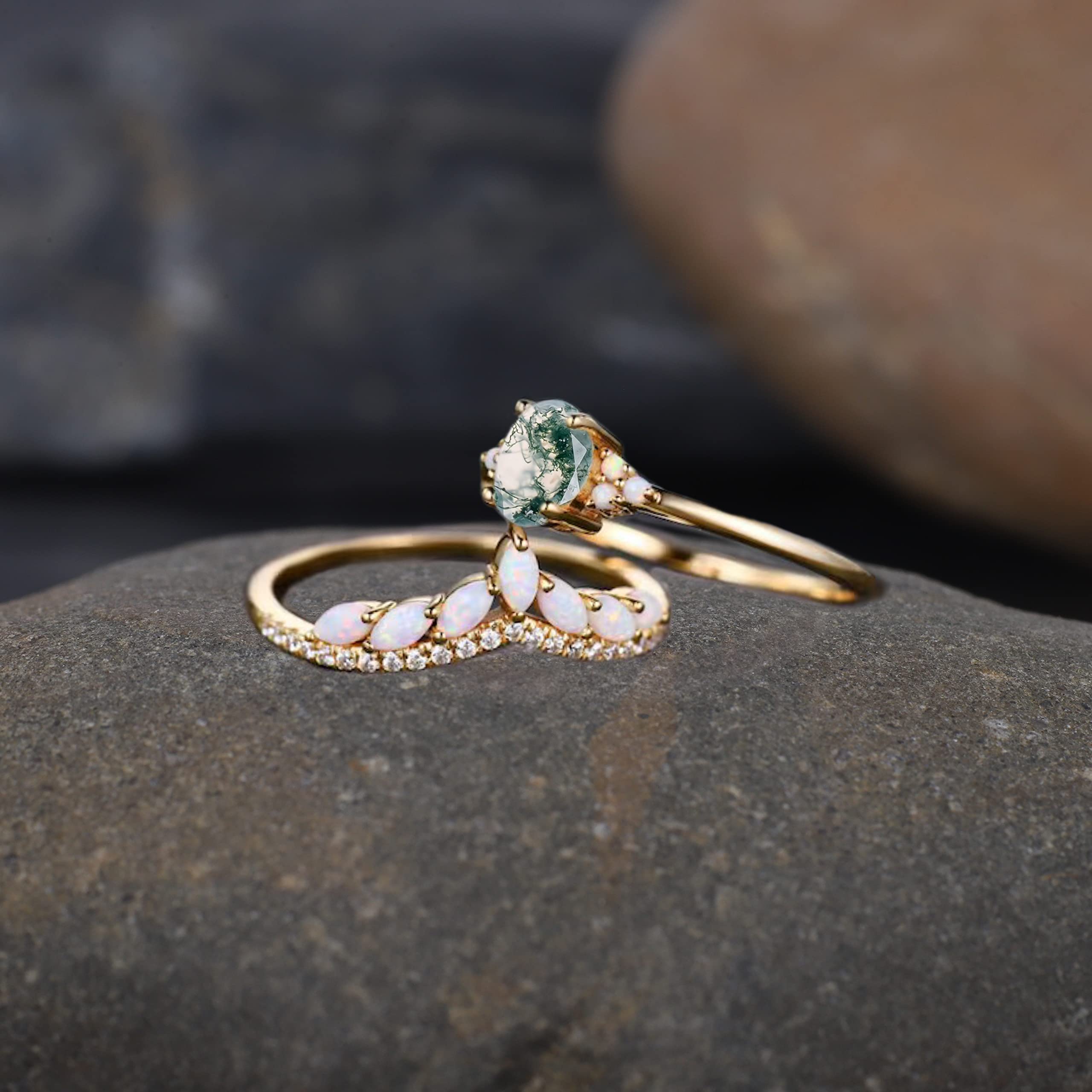 Moss Agate Engagement Ring Set Yellow Gold Plated Bridal Ring Set CZ Opal Curved Stacking Band Women's Delicate Ring Set Gift For Her BY KANISHKA GEMS JEWELS