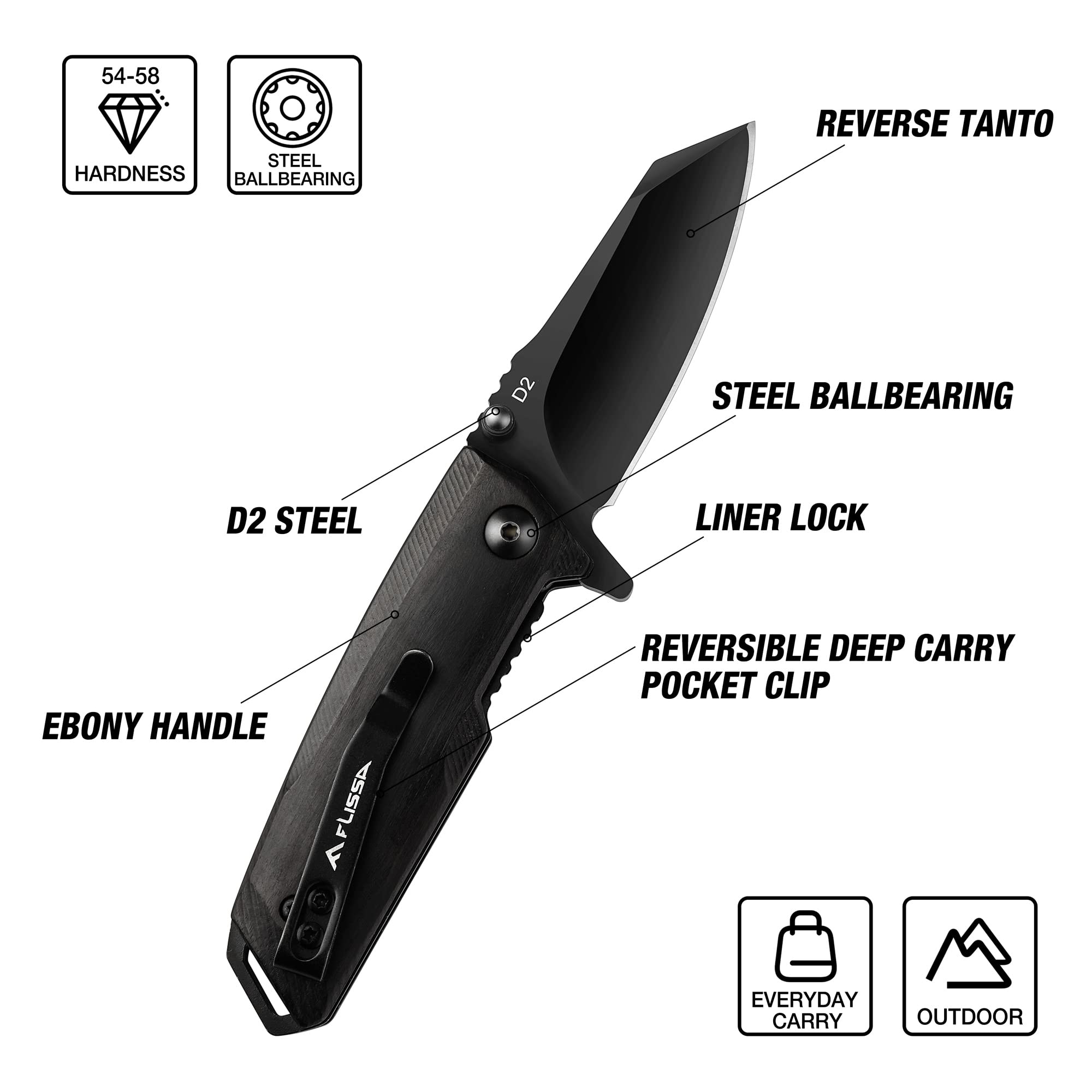 FLISSA Survival Hunting Knife with Sheath Pocket Folding Knife, 2-3/4" D2 Steel Blade