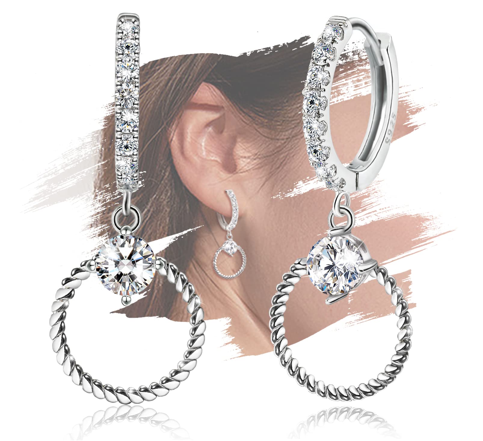 Sterling Silver Hoop Earrings with Drop Dangle for Women Hypoallergenic Twisted Earrings Huggie Hoop Earrings with Charms Trendy Cubic Zirconia Loop Earrings with Dangling Fashion Earring Gift for Her