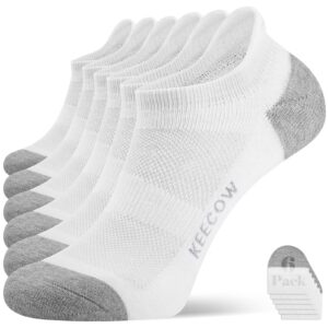 keecow performance comfort no show ankle cushion socks for men & women, athletic, tab, short, socks for running, walking, outdoor (medium, white (6 pairs))