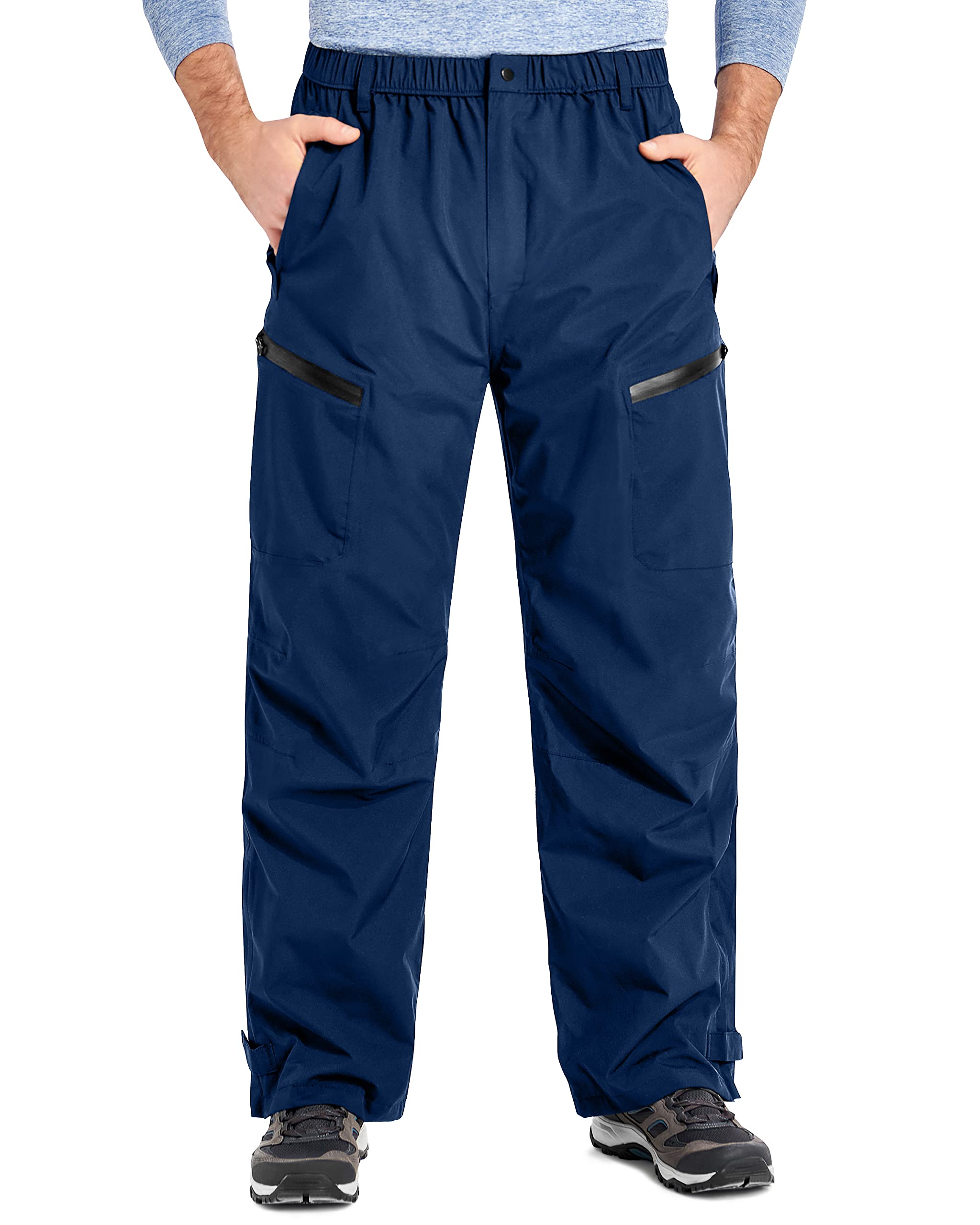 Men's Rain Pants, Waterproof Rain Over Pants Lightweight Packable Windproof Hiking Pants Outdoor Golf Work Navy