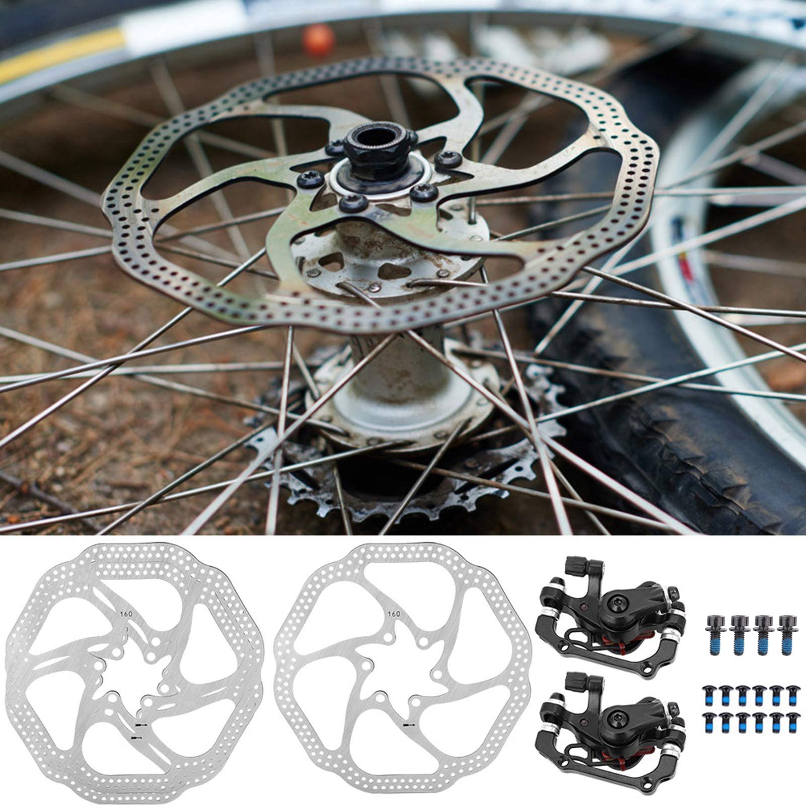 TEUOPIOE Bike Disc Brake Kit, Including Front and Rear Caliper, 160mm Rotor, Mechanic Tool-Free Pad Adjuster for Mountain Bike, Road Bike, Fixed Gear Bike, MTB, BMX