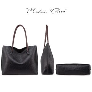 Milan Chiva Leather Tote Bag for Women with Zipper Large Ostrich Hobo Purse Shoulder Purses and Handbags Black MC-1038BK