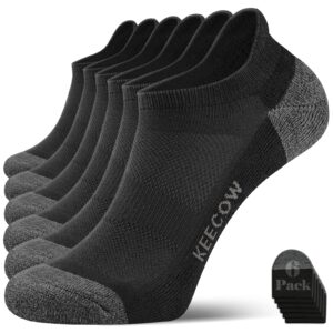 keecow performance comfort no show ankle cushion socks for men & women, athletic, tab, short, socks for running, walking, outdoor (large, black (6 pairs))