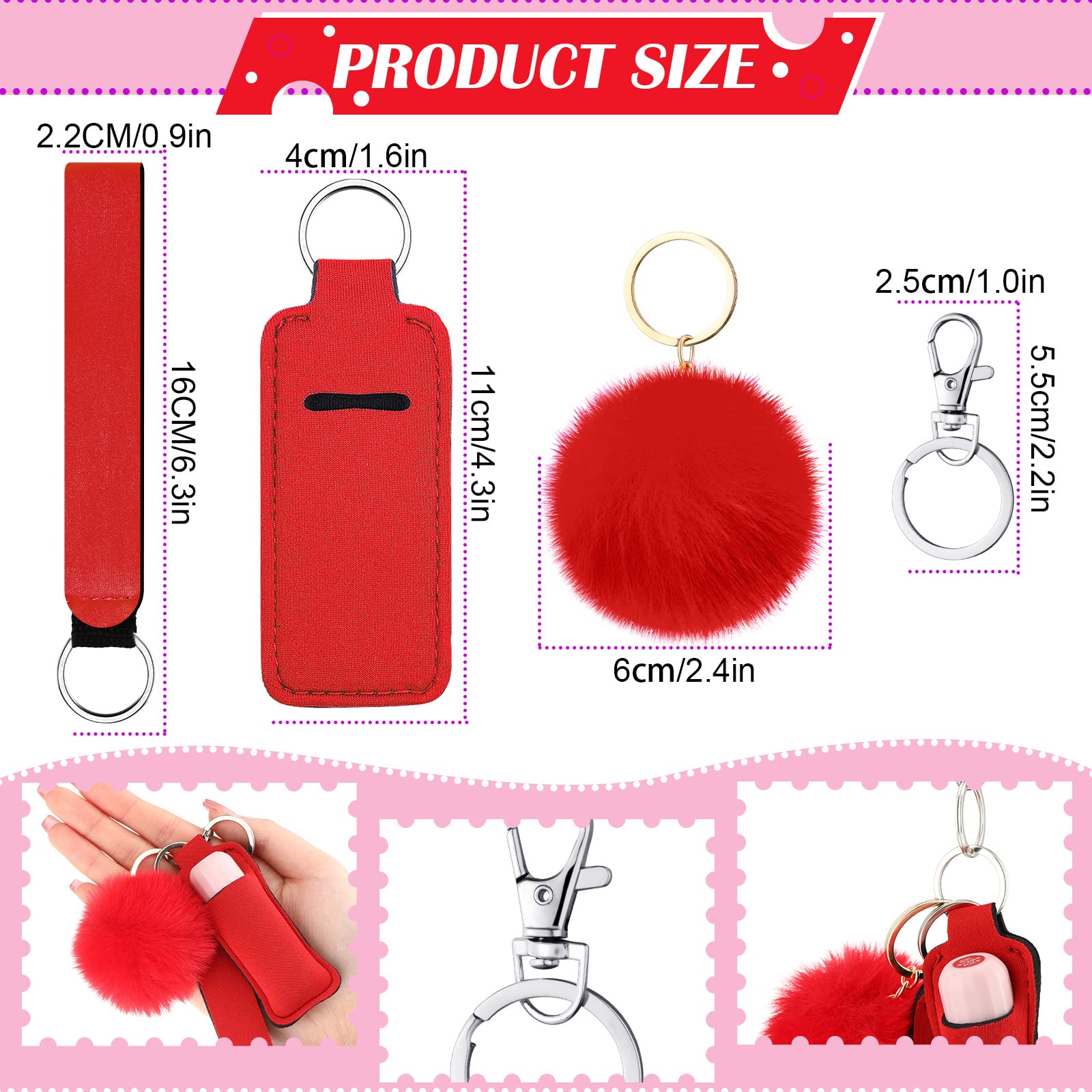 Tudomro Keychain Lip Balm Holder Set Include Lipstick Holder, Colorful Keychain Wristlet Lanyard, Fluffy Ball Pom Accessory and Metal Keychains for Purse Handbag (Bright Color, 20 Sets)