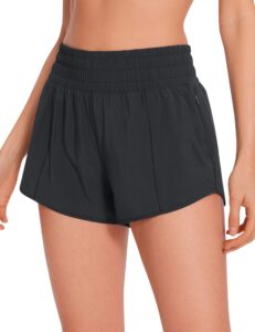 crz yoga high waisted running shorts for women 2.5" - mesh liner quick dry sport athletic workout shorts with zipper pocket black large