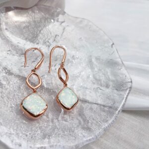 925 Sterling Silver Rose Gold Plated White Opal Dangle Earrings, October Birthstone Dainty Opal Earrings for Women, Bridal Wedding Jewelry Gift for Brides