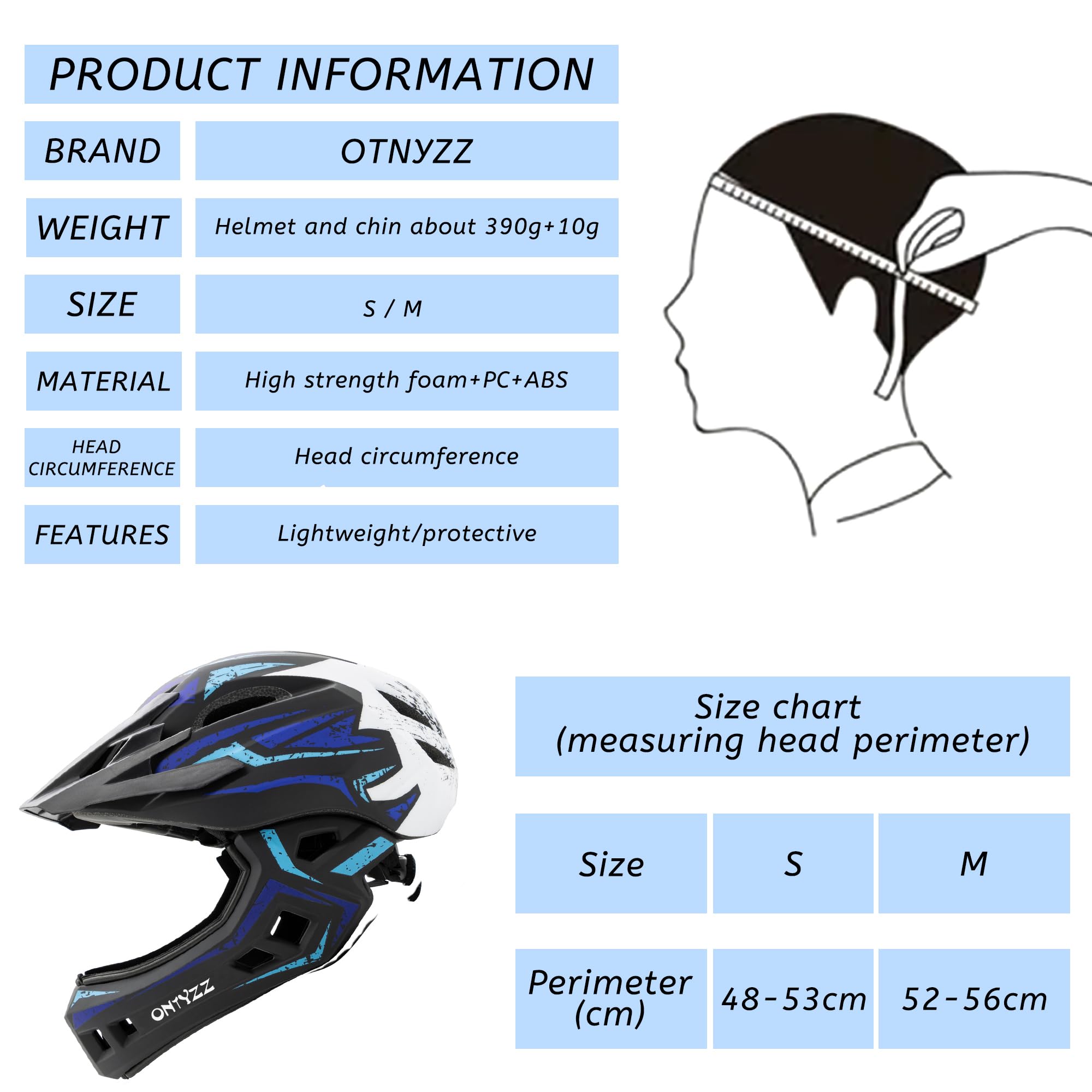 ONTYZZ Kids Bicycle Helmet Kids Adjustable Safety Full Face Helmet Lightweight Toddler Mountain Full Bike Helmet for Skating Cycling Scooter for Youth Child Boys Girls Ages Blue and White/S