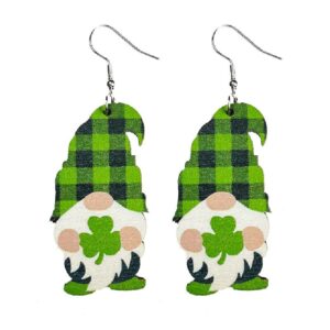 pingyongchang st. patrick's day gnome wood earrings for women cute handmade irish shamrock dangle earrings green clover hat drop earrings holiday good luck jewelry gift-gnome