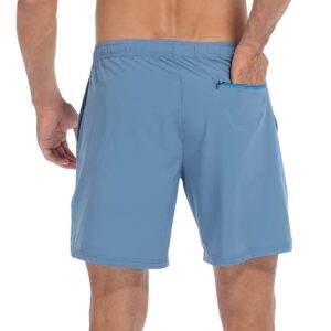 LRD Mens Athletic Workout Shorts with Compression Liner 7 inch Inseam Blue/Pink Surfer Dino - L