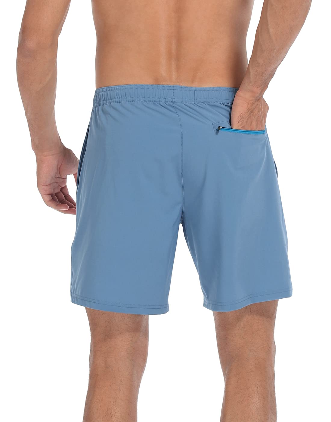 LRD Mens Athletic Workout Shorts with Compression Liner 7 inch Inseam Blue/Pink Surfer Dino - L